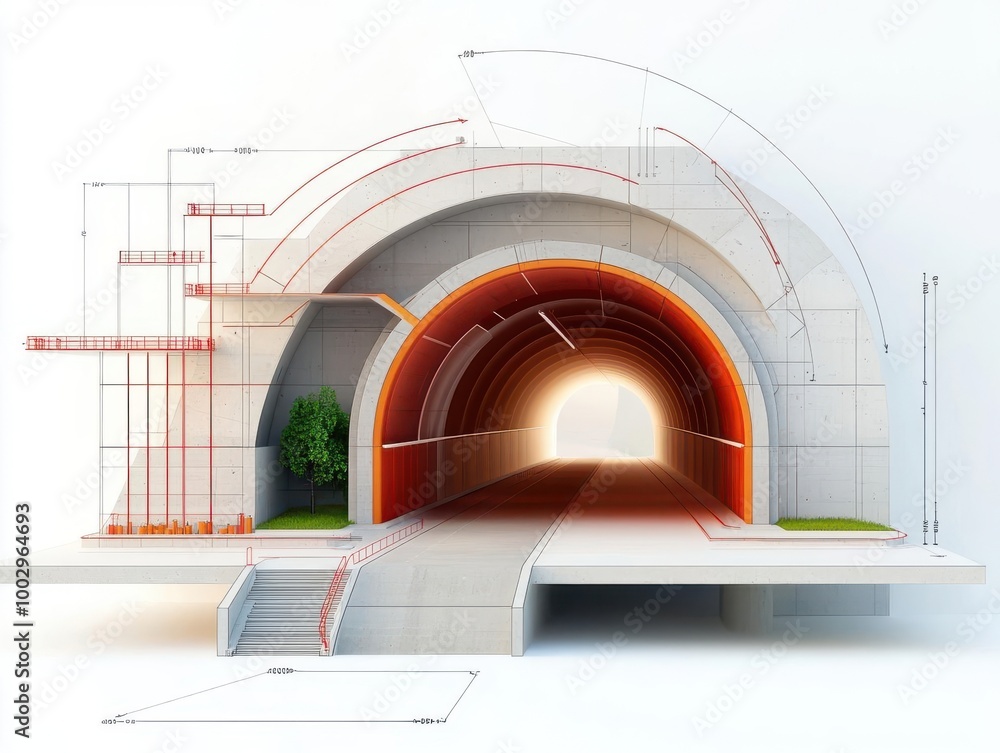 Sectional technical drawing of a tunnel, showing excavation lines ...