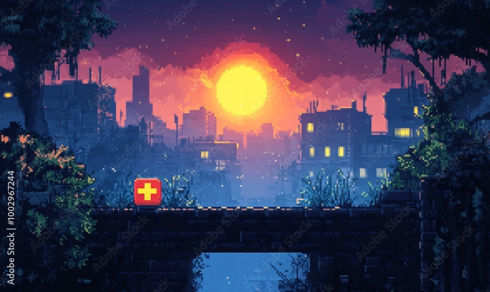 Pixel art game background with button level up. Game design concept in ...