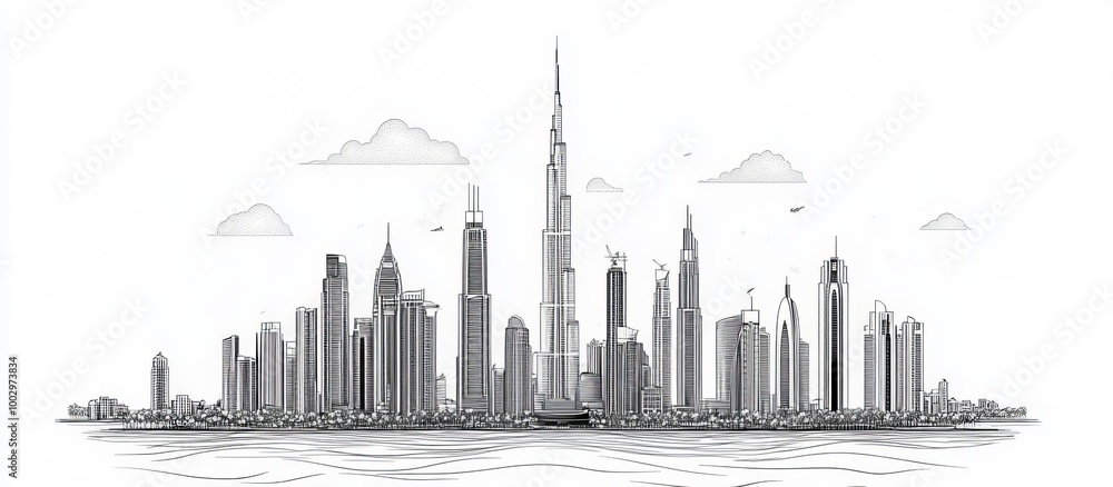 One continuous line drawing of Dubai city skyline United Arab Emirates ...