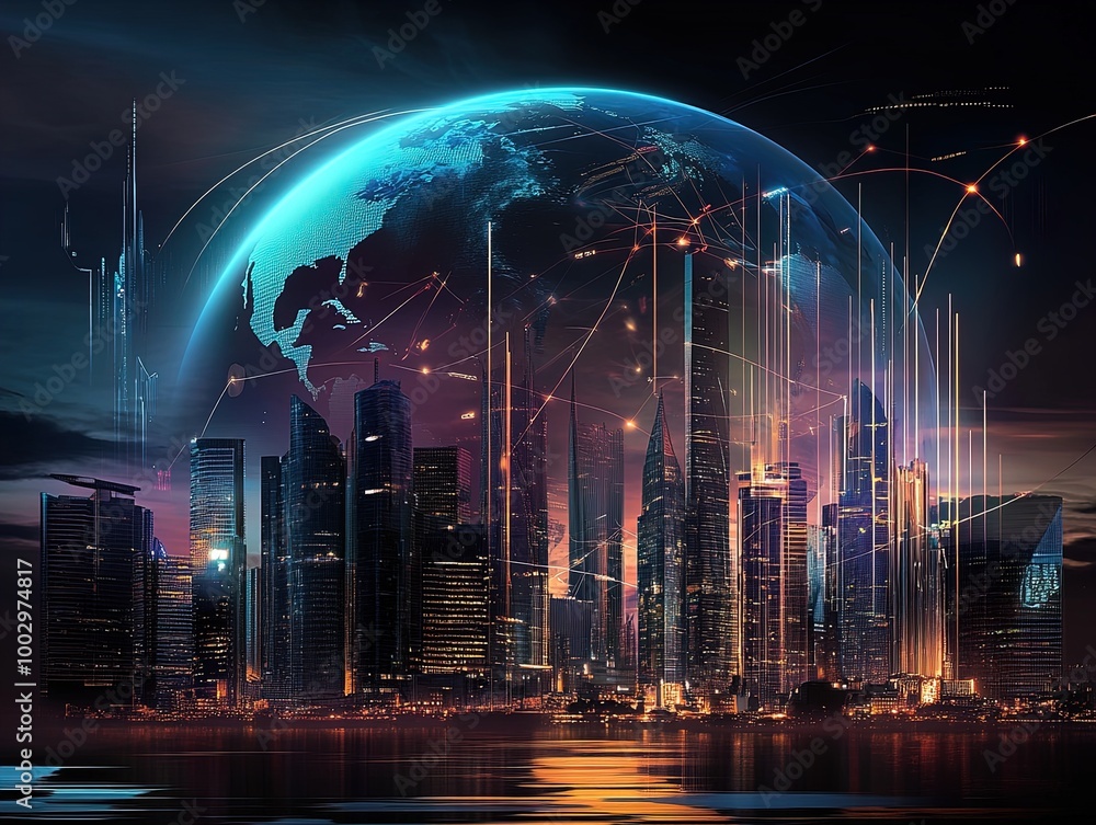 Dynamic Urban Vista: A High-Tech Globe Illuminating Modern High-Rises ...