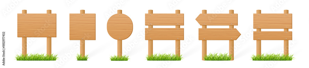 Set of wooden road signs with grass. Vector signboards for pointing ...