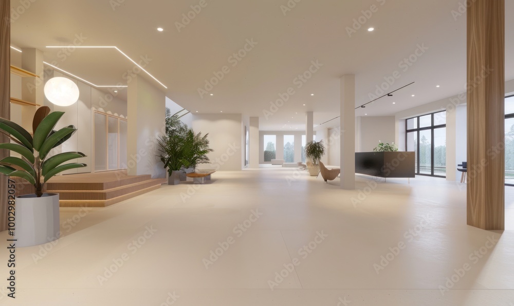 Modern lobby with minimalistic design, large windows, and indoor plants ...