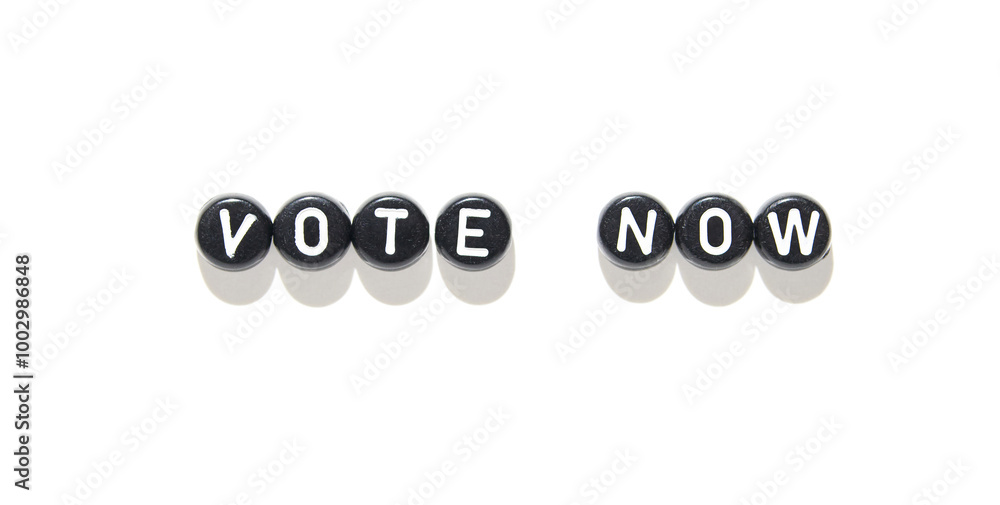 Vote now message in black and white beads on white background for ...
