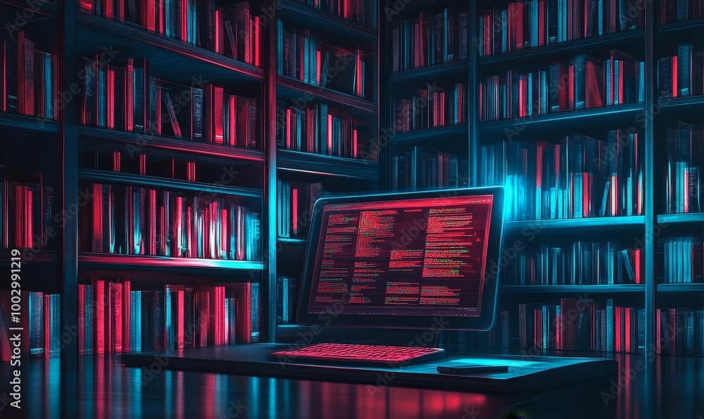 Inside a computer, a digital library houses a vast collection of books ...