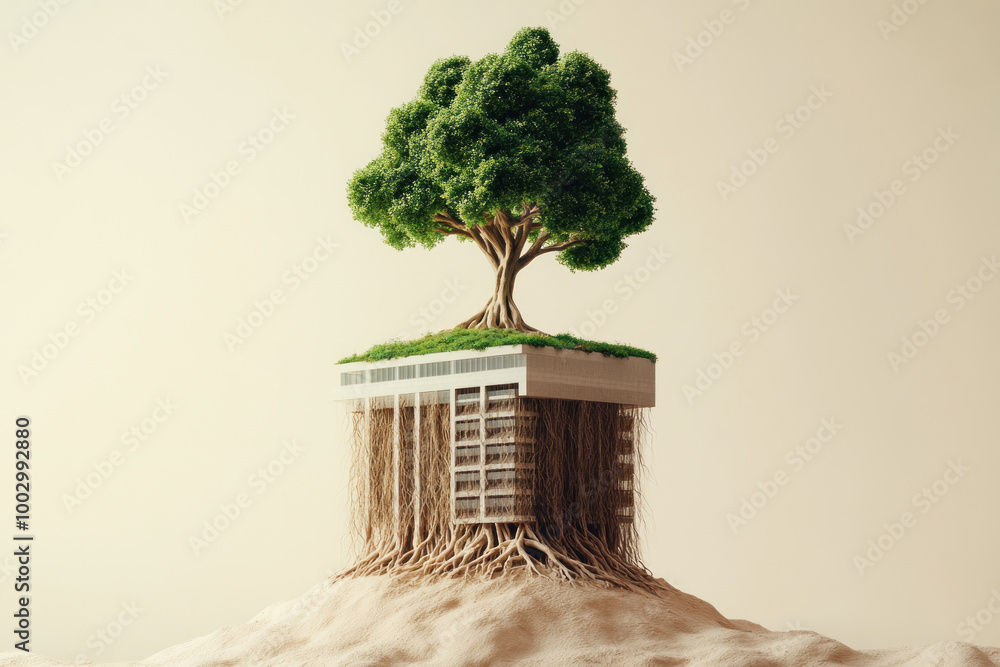 A corporate office tower growing roots into the ground, 3D ...