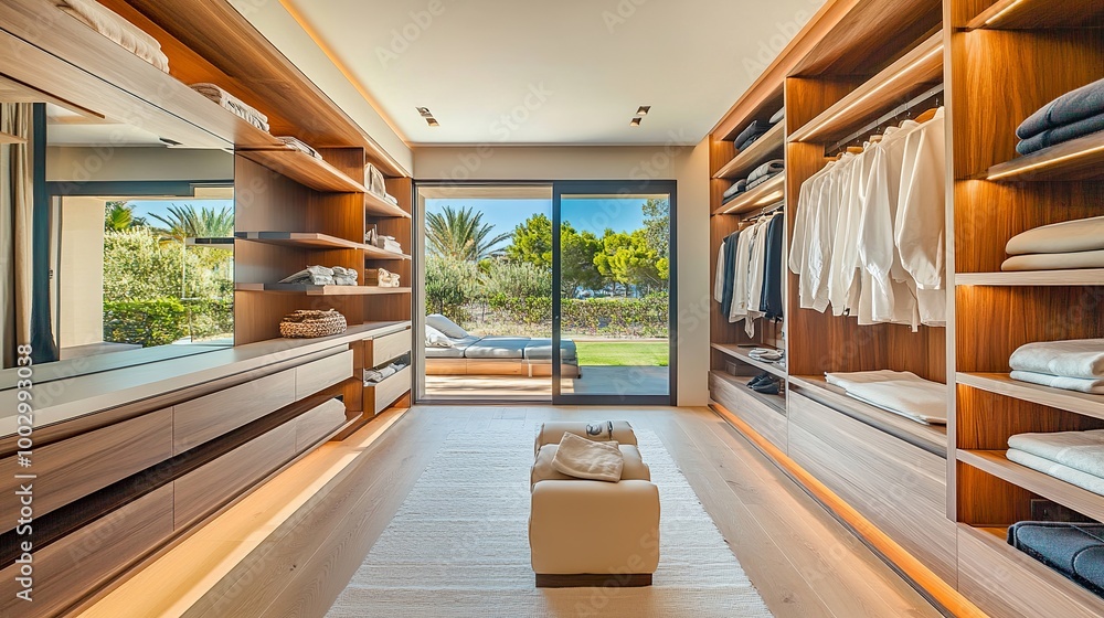 A modern and minimalist walk-in closet with built-in wooden shelves in ...