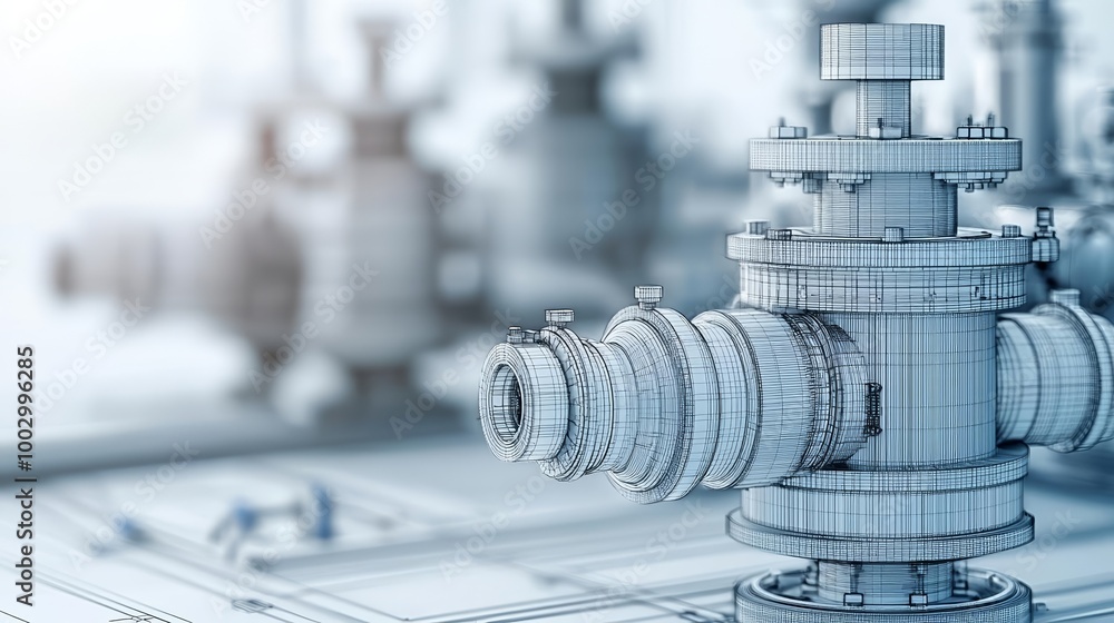 Technical drawing of a valve, wire-frame rendering with engineering ...