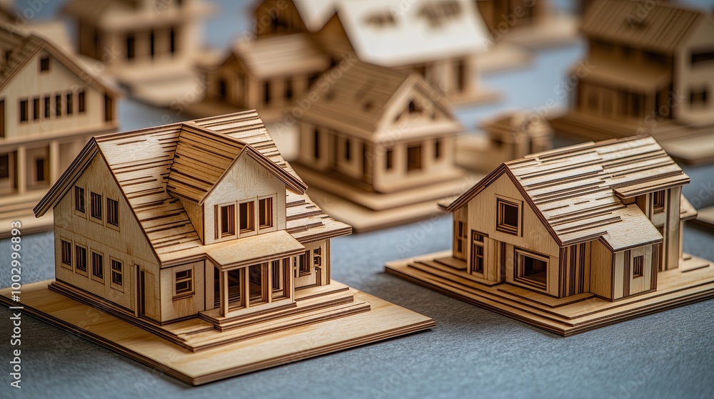 MDF board houses with engraved details, placed neatly on a matte gray ...