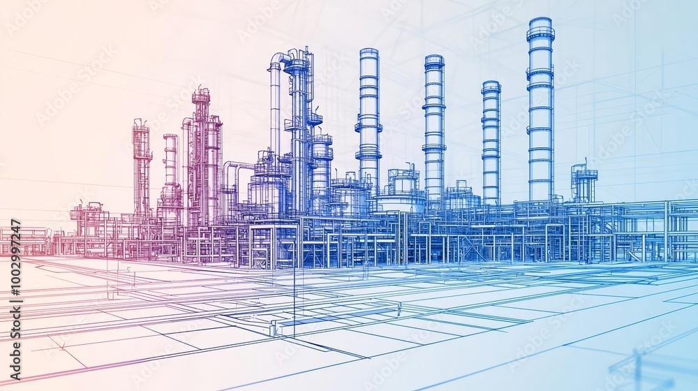 Line drawing of a sprawling oil refinery plant, showing tanks, towers, and processing units ...