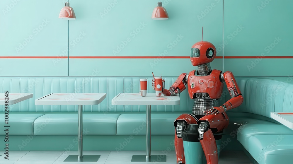 Retro robot serving drinks at a 1950s diner, pop art, vibrant hues ...