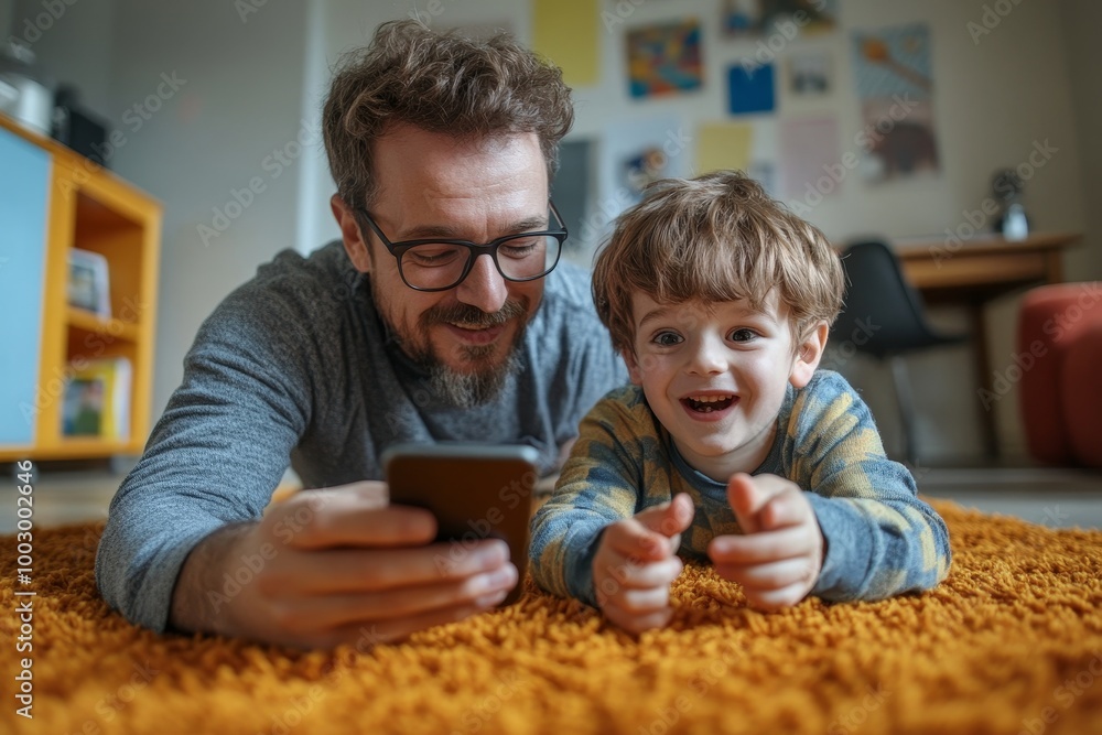 Little boy making selfie on smartphone with father, lying on floor in ...