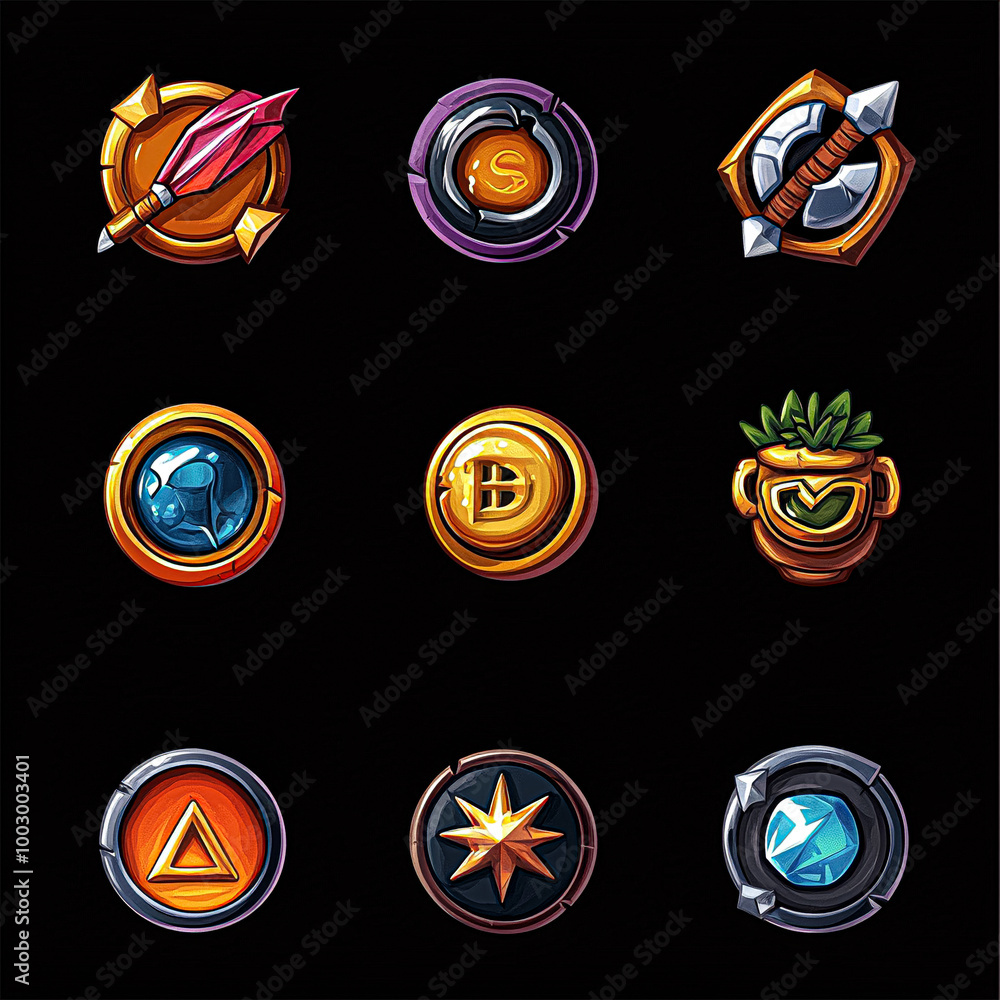 RPG Game Icon Pack: Cartoon-Style UI Elements, Fantasy Coins, Gear ...