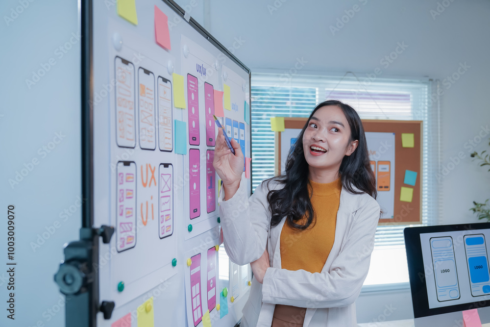 Young web designer is pointing at a whiteboard with mobile ui sketches ...
