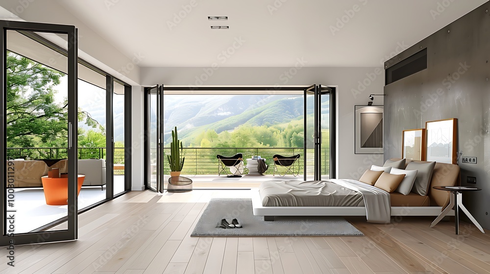 Modern bedroom with an open floor plan, minimalist decor, and large ...