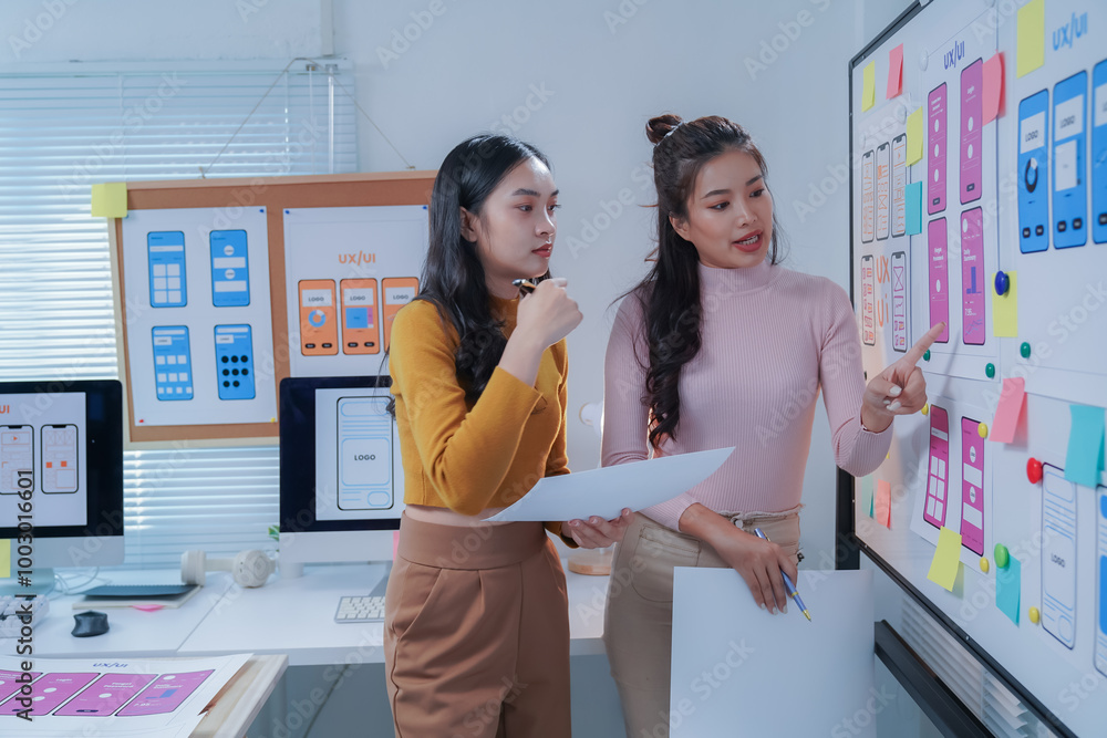 Two Female Ui Ux Designers Are Discussing Over Mobile App Interface Wireframe Design Displayed