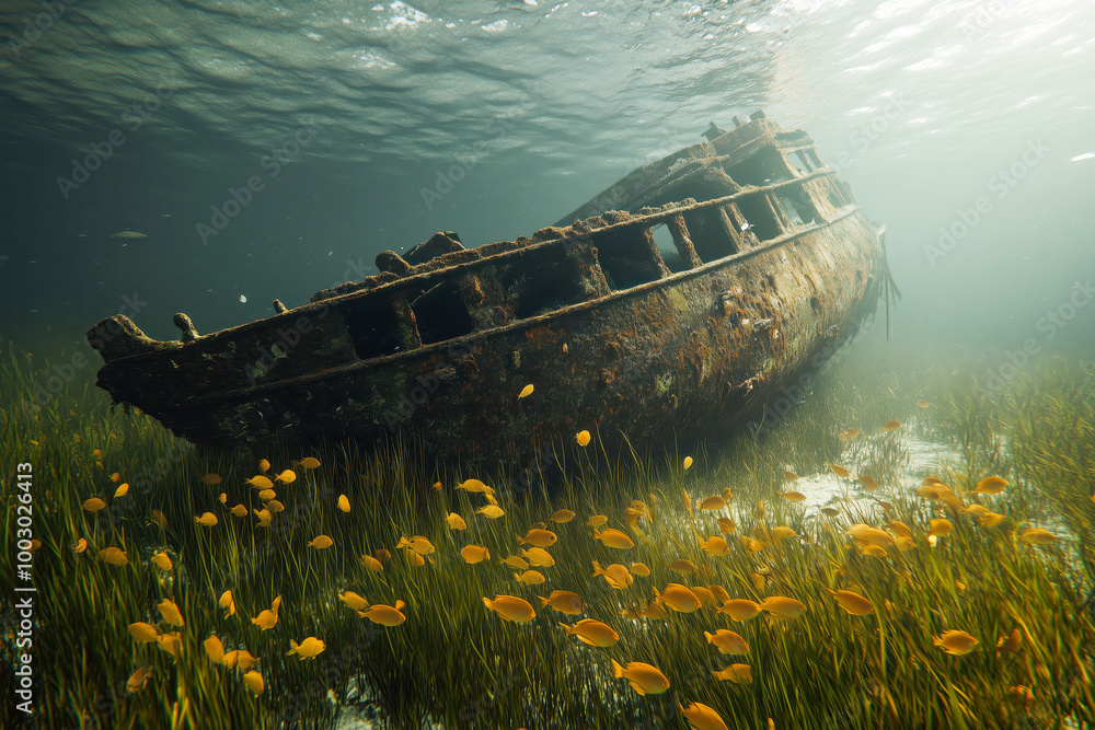 Sunken shipwreck resting on the ocean floor, with schools of fish ...
