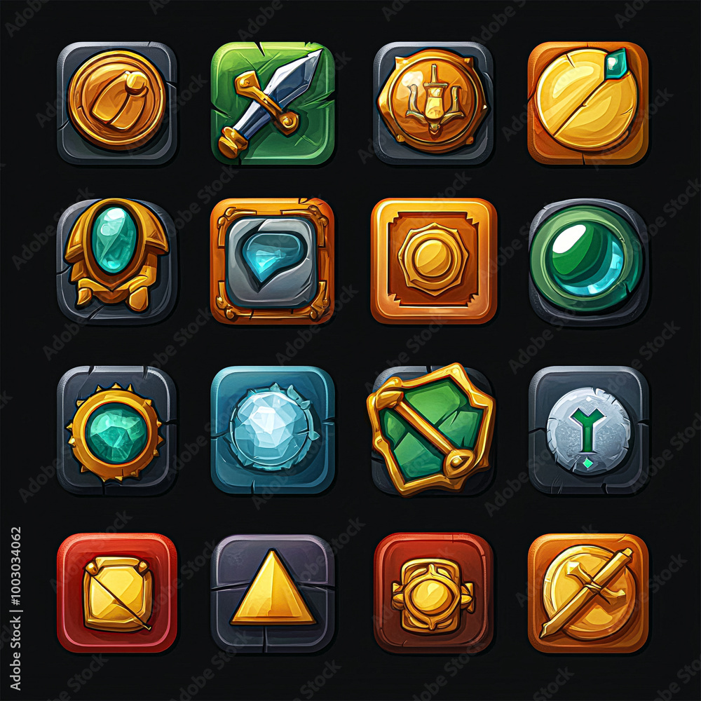 RPG Game Icon Pack: Cartoon-Style UI Elements, Fantasy , Gear, Settings ...