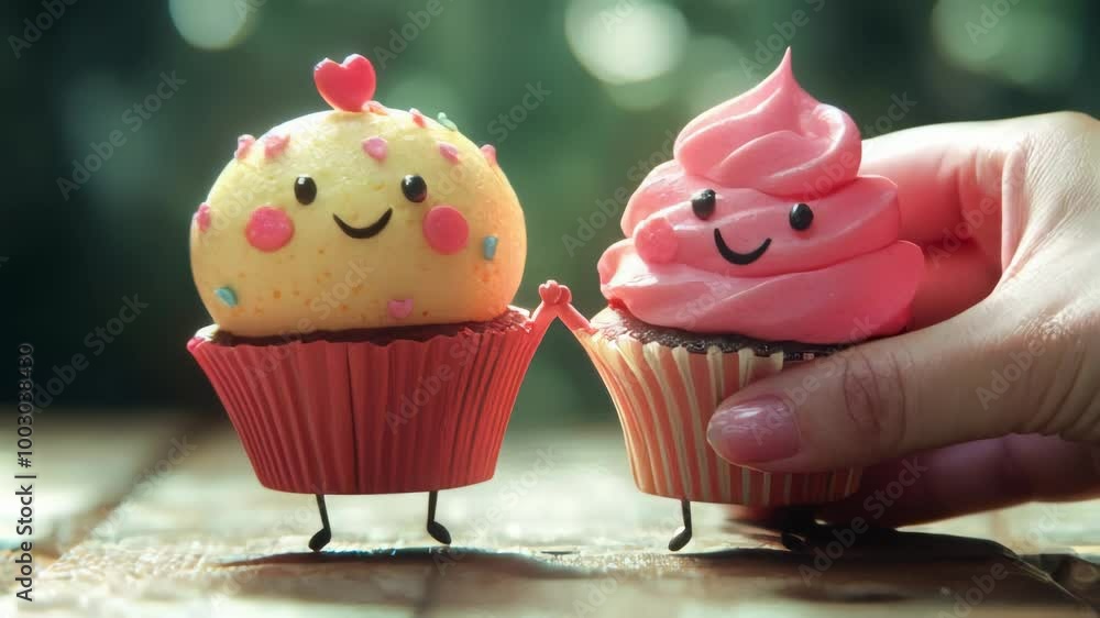 Two cupcakes holding hands. 3D animation. AI Generation Stock ビデオ ...