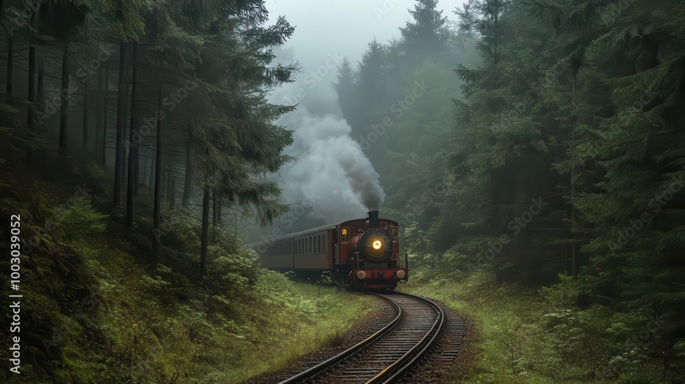 scenic railway journey through a dense misty forest steam locomotive ...