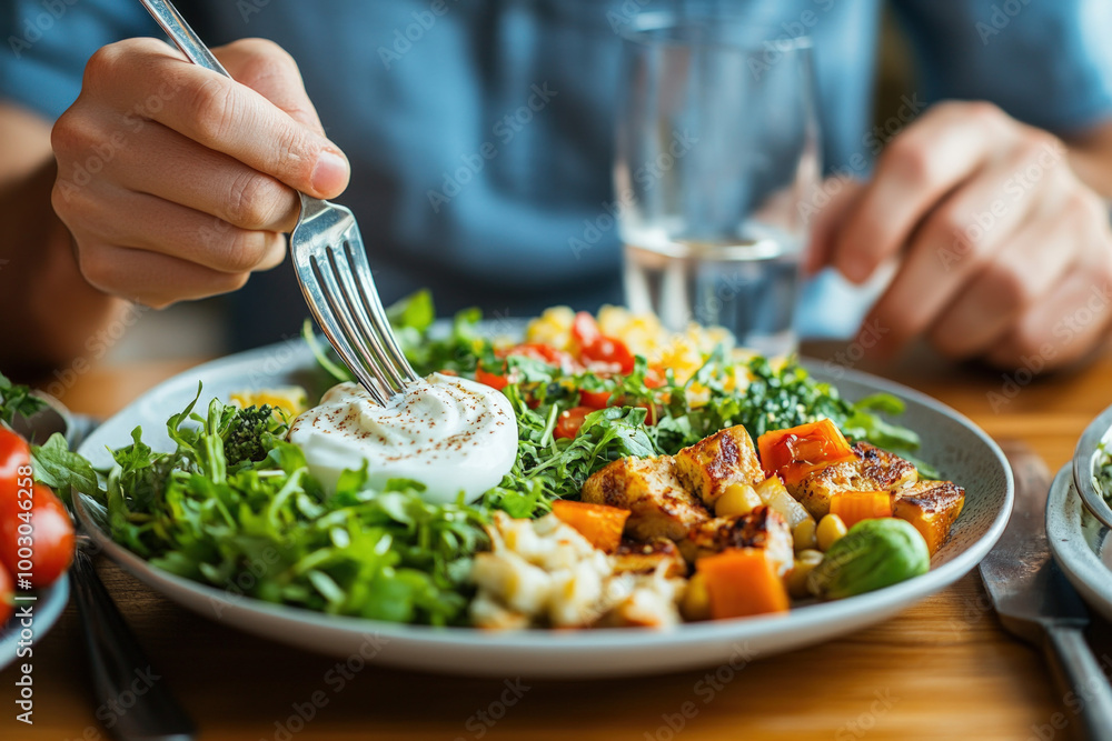 A person enjoying a balanced meal rich in gut-friendly foods, such as ...