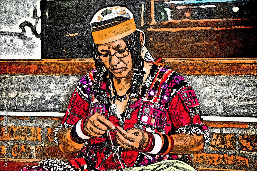 Portrait Digital Art - The Lambani tribes doing embroidery, they also ...