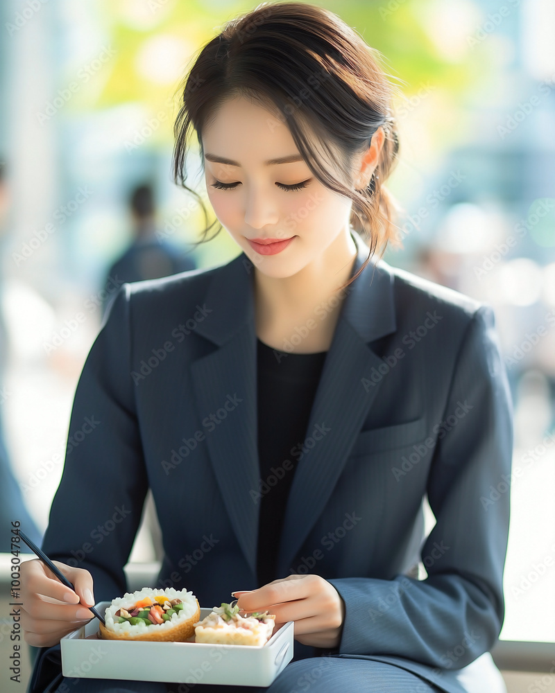 young Office lady in a sharp suit, having lunch by her cute Bento in an ...