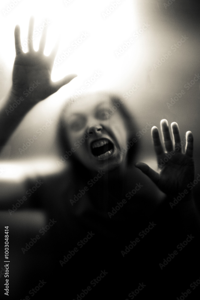 Scary picture of hands behind glass, horror ghost behind door ...