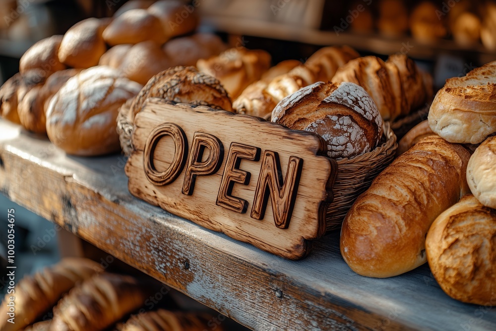 A rustic bakery display featuring a variety of freshly baked artisanal ...