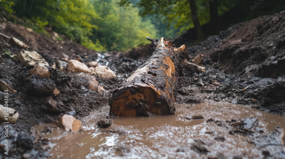 Fallen tree log in muddy forest path after rain. Natural erosion and ...