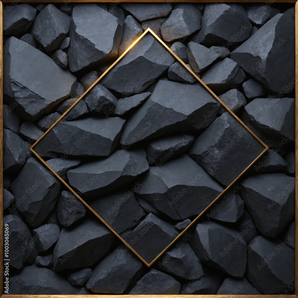 rhombus framed in gold, set against a backdrop of large, angular black ...