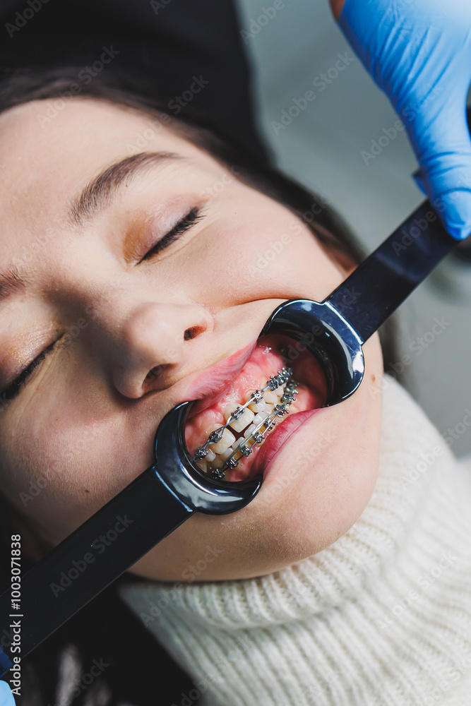 Oral care. Bracket system on women's teeth. Installation of braces to ...