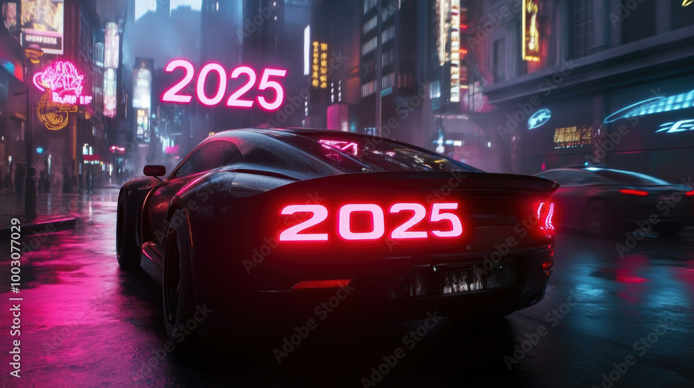 "2025" in neon lights on a futuristic city street Stock Illustration ...