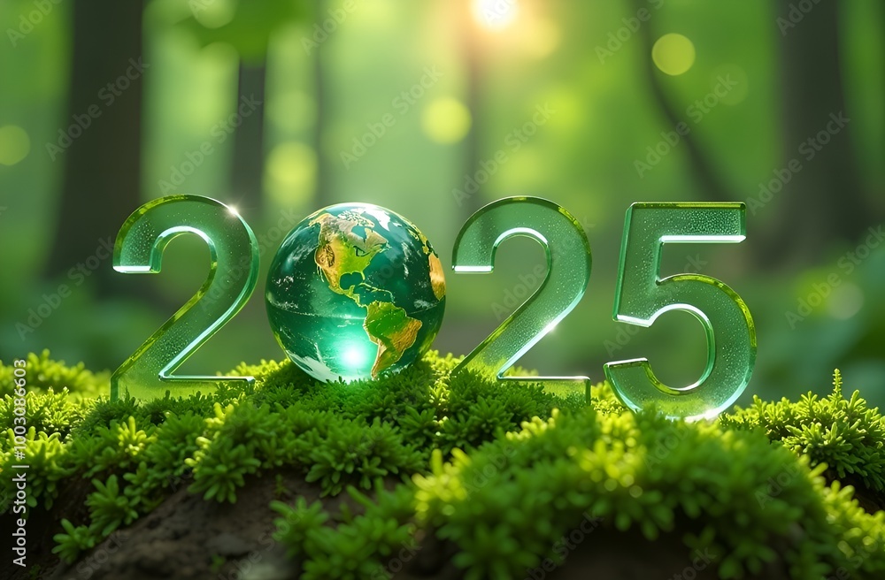 Image with numbers 2025 in the form of green numbers with planet earth ...