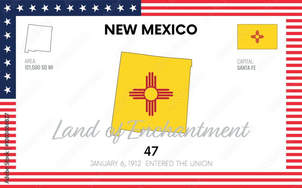 Vector poster background of the US state of New Mexico, with name, map ...