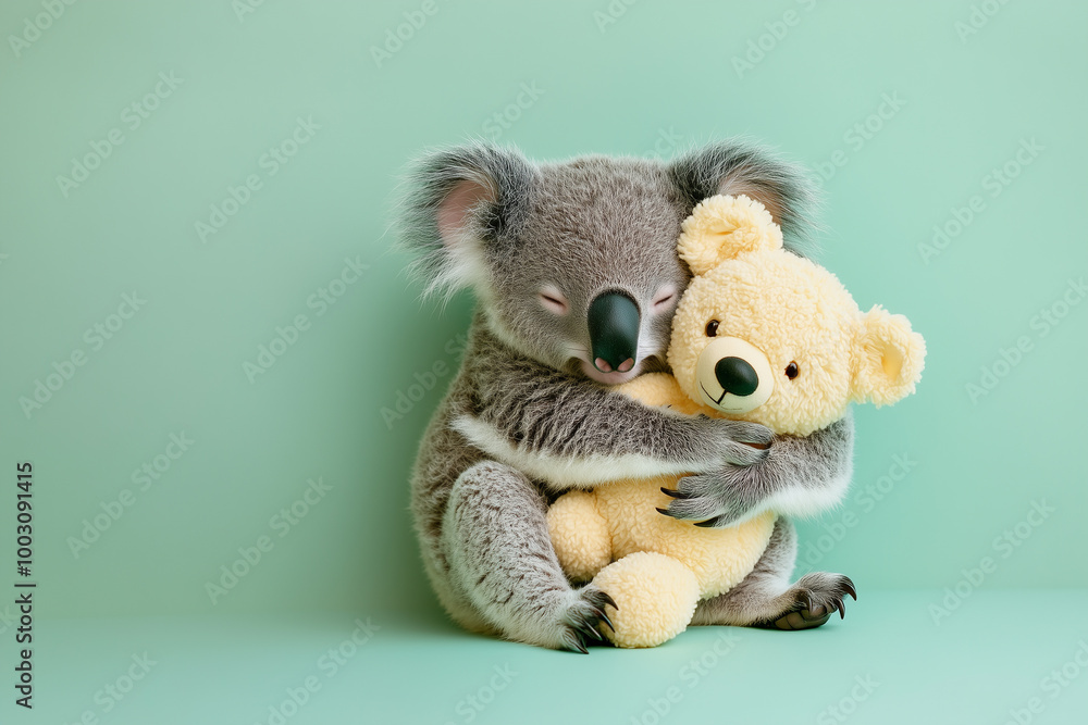 baby koala hugging a pastel yellow teddy bear, sitting on a soft mint ...