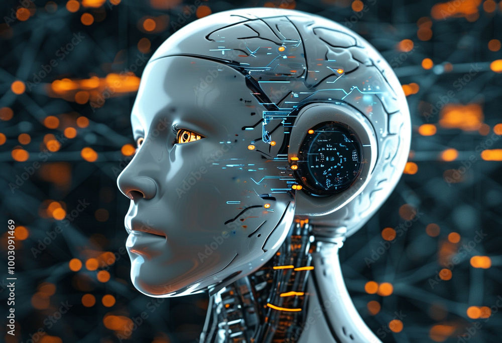 Artificial intelligence in humanoid head with neural network thinks. AI with Digital Brain is ...