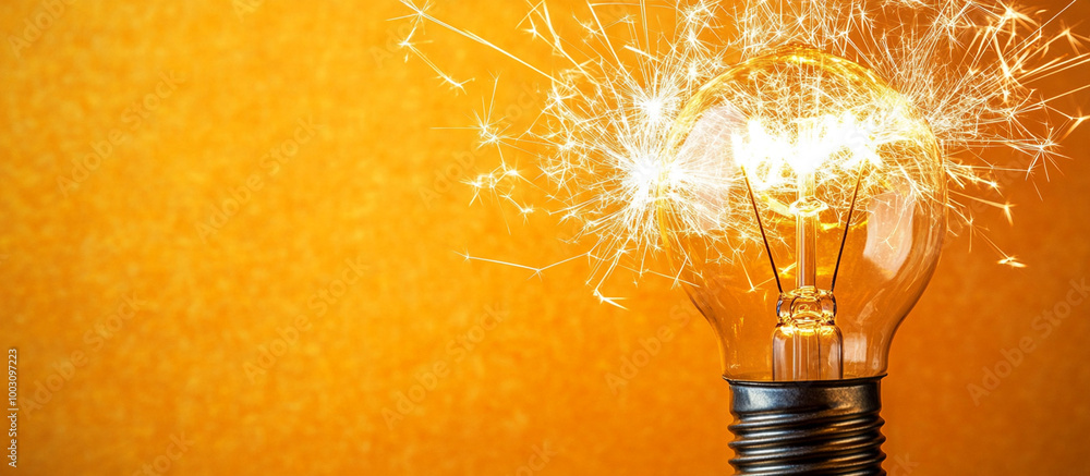 A light bulb emitting sparkling light on a yellow background ...