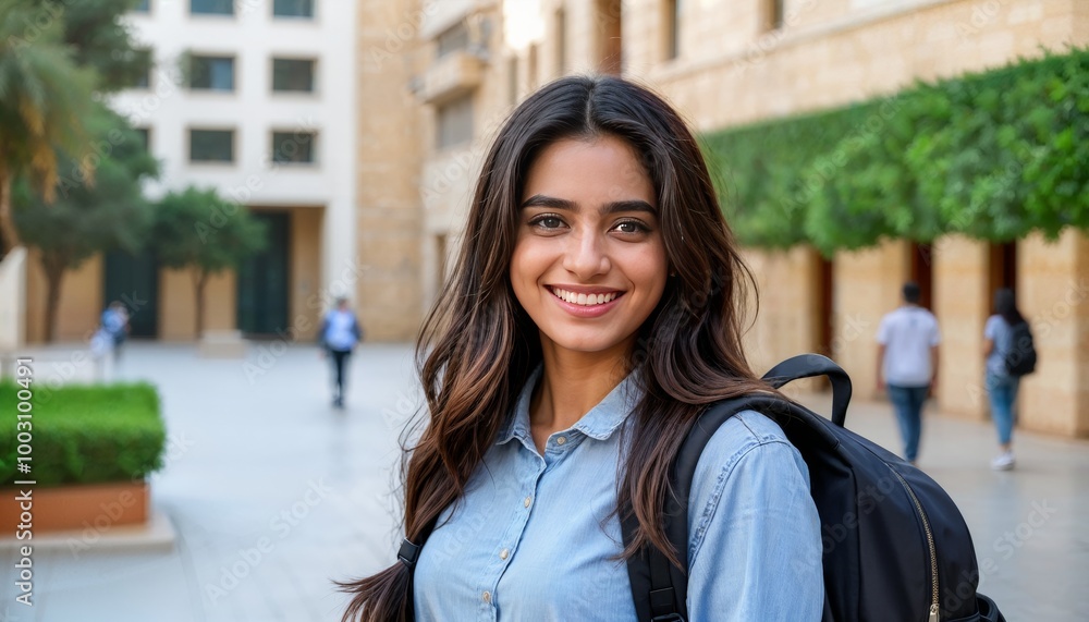 Smiling portrait of beautiful middle eastern Israel girl student with ...