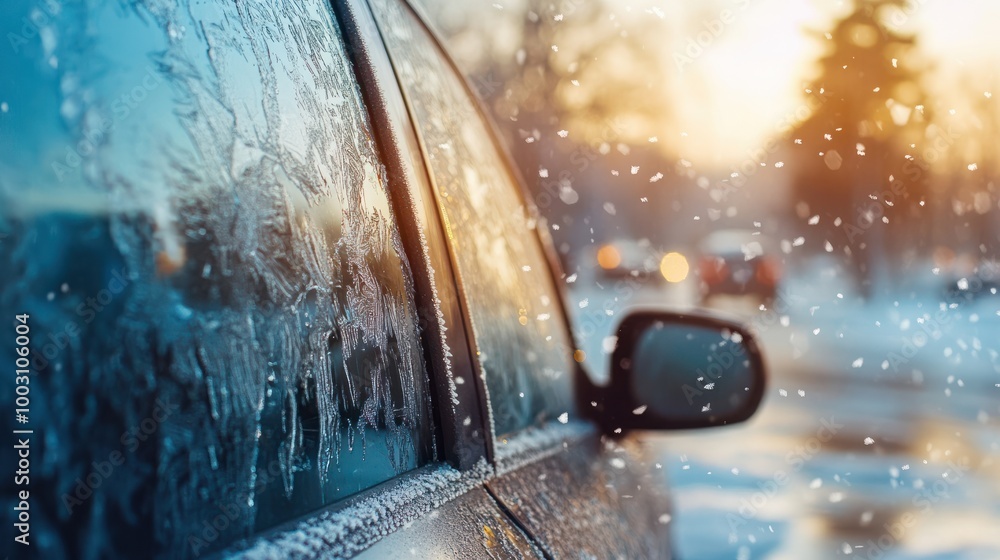 Morning frost covers the car window with ice, creating a frozen scene ...