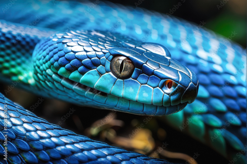 Stunning close-up of a blue viper snake, showcasing its vibrant scales ...