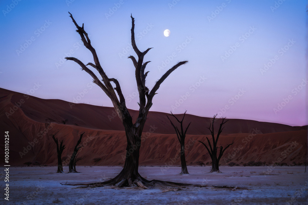 Moonlit silhouettes of dead trees in the hauntingly beautiful Dead Vlei ...