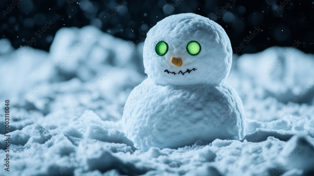 Alien snowman with glowing green eyes and antennas, snow made of ...