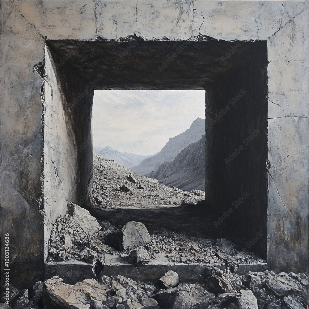 Hyper-realistic square mine portal drawing with repetitive geometric ...