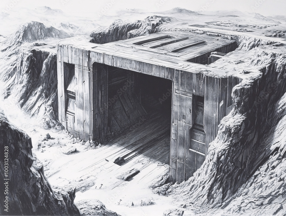 Hyper-realistic square mine portal drawing with repetitive geometric ...