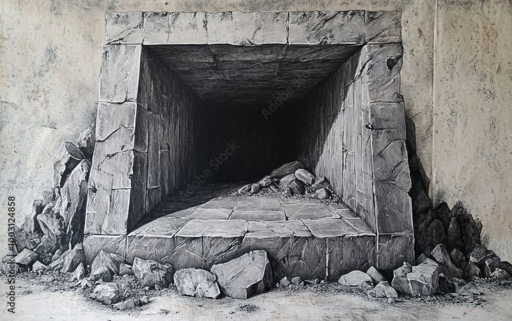Hyper-realistic square mine portal drawing with repetitive geometric ...