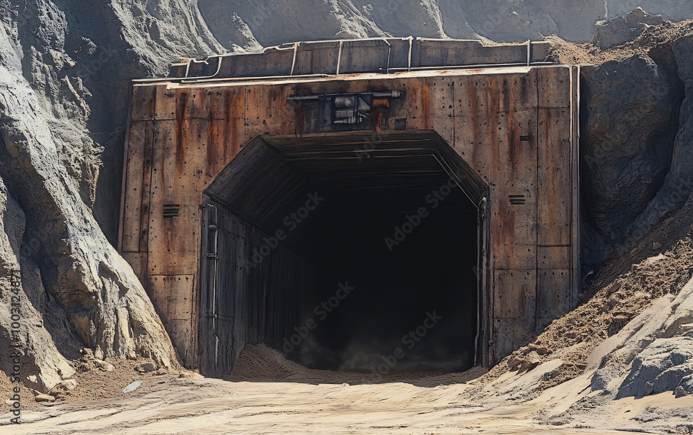 Hyper-realistic square mine portal drawing with repetitive geometric ...