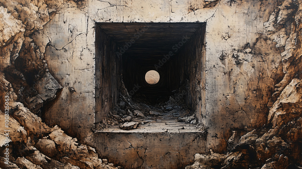 Hyper-realistic square mine portal drawing with repetitive geometric ...