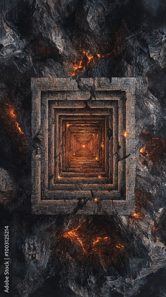 Hyper-realistic square mine portal drawing with repetitive geometric ...