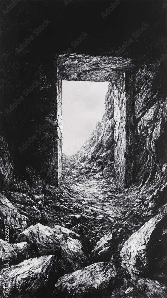 Hyper-realistic square mine portal drawing with repetitive geometric ...