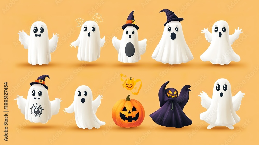 A charming ghost creation kit displaying various cute ghost characters ...